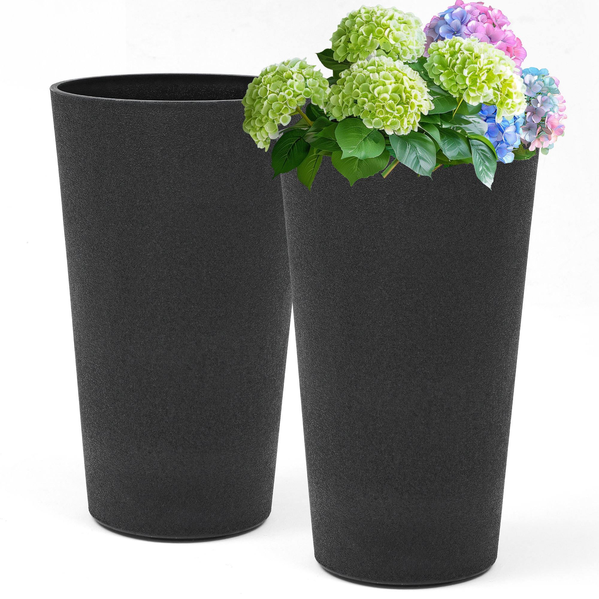 Ebern Designs 24" Heavy-Duty Plastic-Stone Tall Round Planters for Outdoor Plants, Handcrafted ...